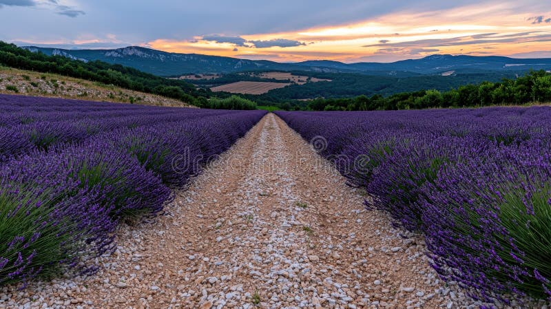 Lavender Field Path at Sunset Stock Illustration - Illustration of view ...