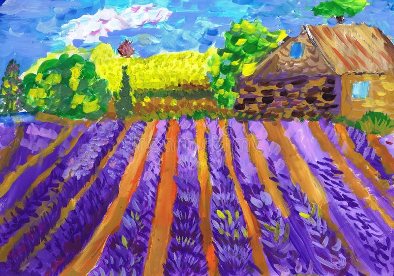 Lavender Field in Provence. Children`s Drawing Stock Illustration ...