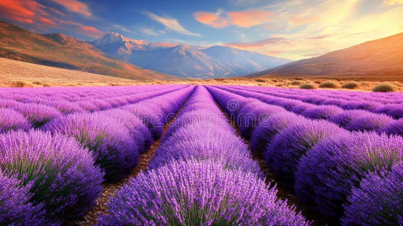 Lavender Field Rows Mountain Valley Sunset Stock Photos - Free ...