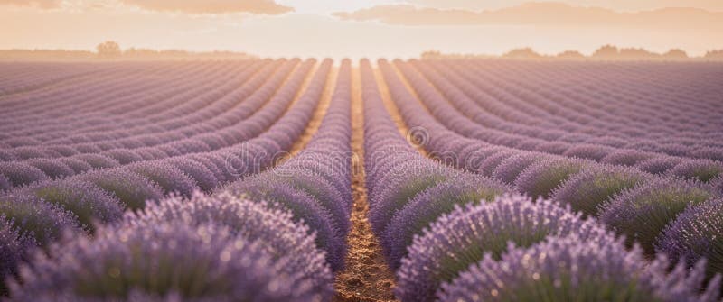 Lavender Field Rows at Sunrise with Warm Haze and Golden Light Stock ...