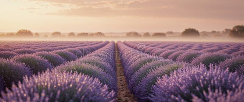 Lavender Field Rows at Sunrise with Warm Haze and Golden Light. Stock ...