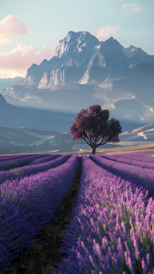 Lavender Field with a Single Tree and Mountain Backdrop, Vibrant ...