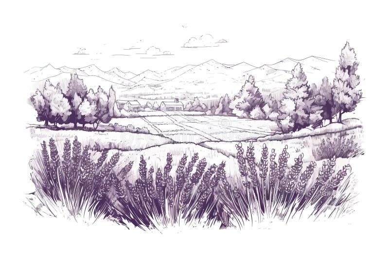 Lavender Field Sketch Hand Drawn. Vector Illustration Design Stock ...