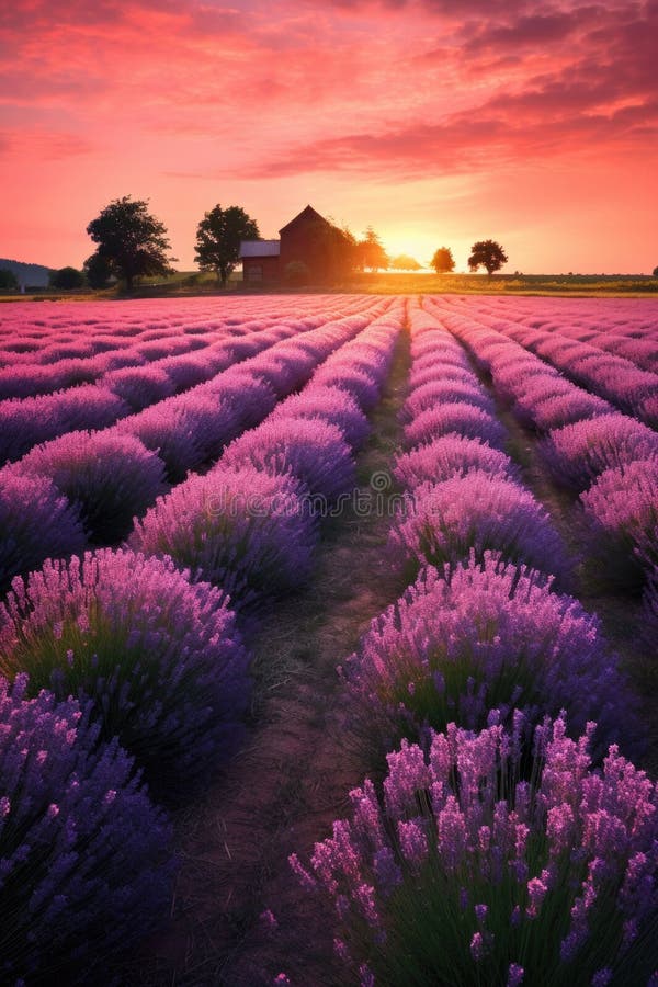 Lavender Field with Rolling Hills and Mountains in the Background Stock ...