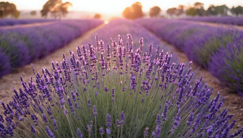 A Lavender Field Stretches Under a Glowing Sunset Sky Stock ...