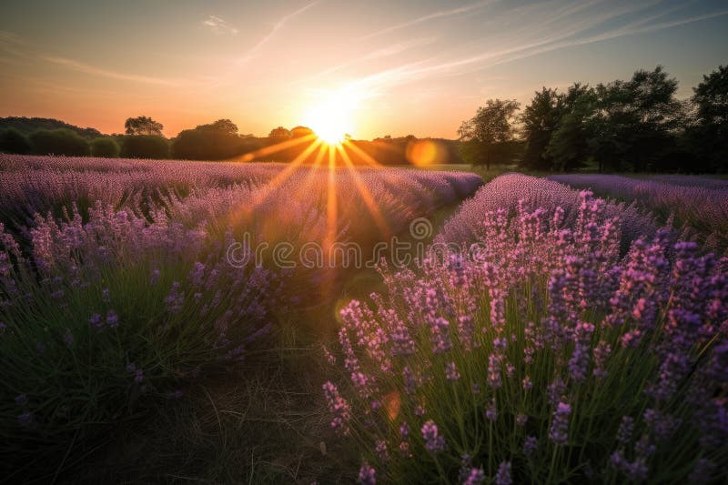 Lavender Field in the Misty Morning Light Stock Illustration ...
