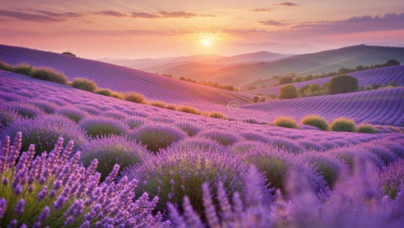 Lavender Field at Sunset a Breathtaking Panorama. Stock Photo - Image ...