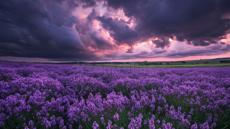 Lavender Field at Sunset with Dramatic Clouds Stock Illustration ...