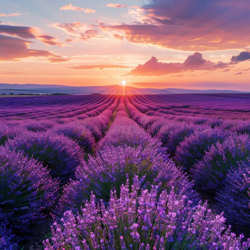 Lavender Field at Sunset Glow. Stock Illustration - Illustration of ...