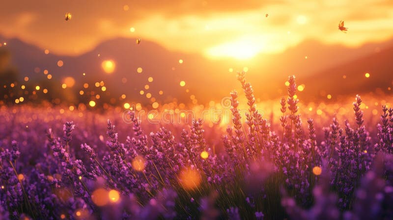Lavender Field at Sunset, Golden Light Stock Illustration ...