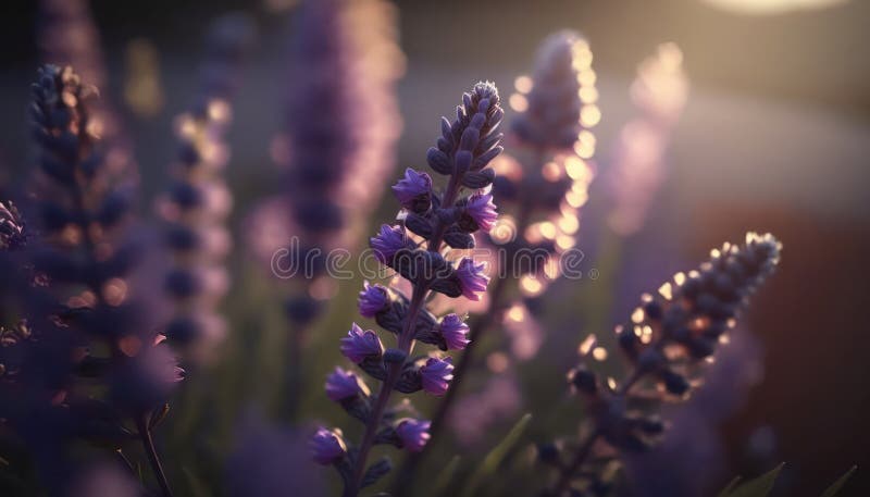 Lavender Field in Sunset Light. Bloom Stock Illustration - Illustration ...