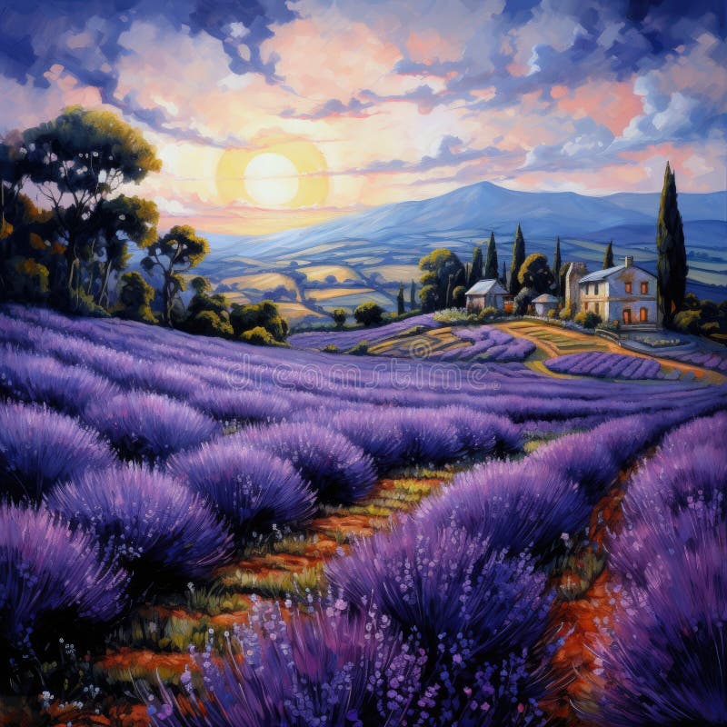 Lavender Field at Sunset, Provence. France Stock Illustration ...
