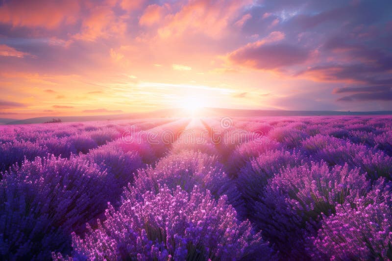 Lavender Field at Sunset, Purple Flowers Landscape, Morning Lavender ...