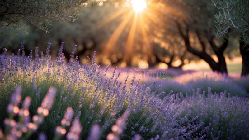 Golden Hour Lavender Field: Sunlit Purple Flowers at Sunset Stock ...