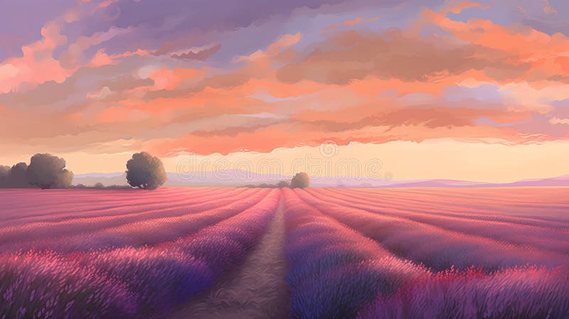 Lavender Field at Sunset. Vector Illustration of a Lavender Field Stock ...