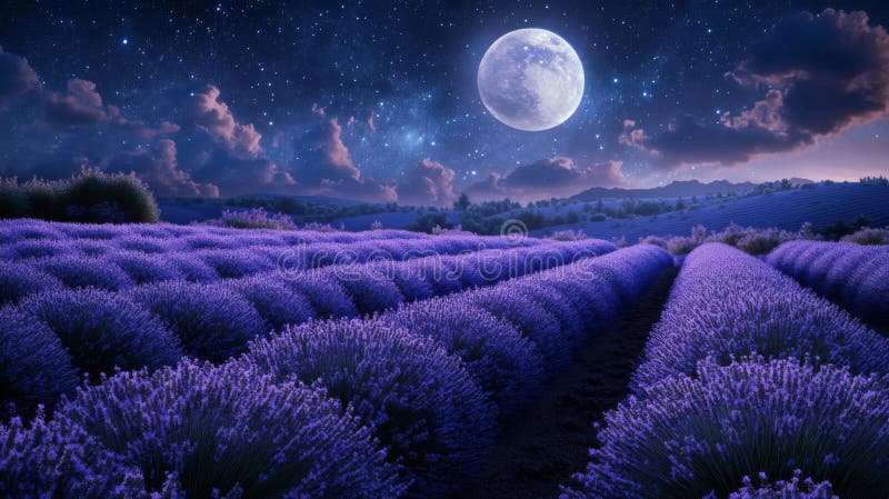 Lavender Field Under a Full Moon and Starry Night Stock Illustration ...