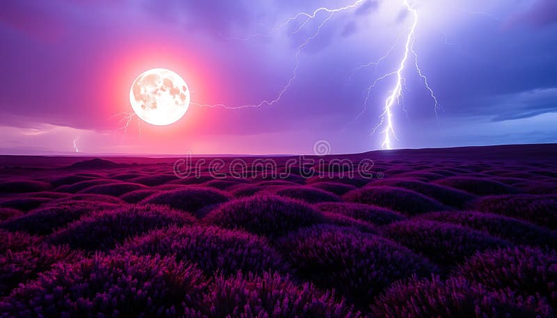 Lavender Field Under a Full Moon and Storm Clouds Generative AI Stock ...
