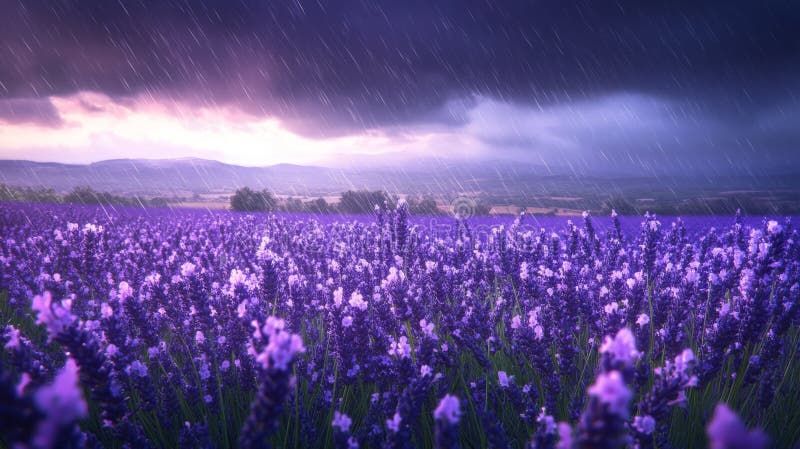 Lavender Field Under a Rain-Filled Sky Stock Illustration ...