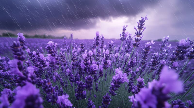 Lavender Field Under a Rain Shower Stock Illustration - Illustration of ...