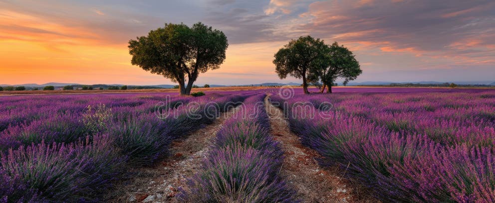 The Lavender Field Under a Stunning Sunset with Tranquil Trees in the ...