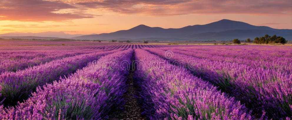 The Lavender Field Under a Vibrant Sunset and Mountainous Backdrop.AI ...
