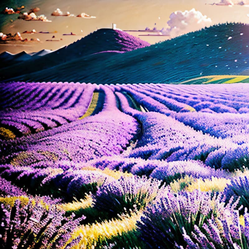 Lavender Field with Utopia Like World Stock Illustration - Illustration ...