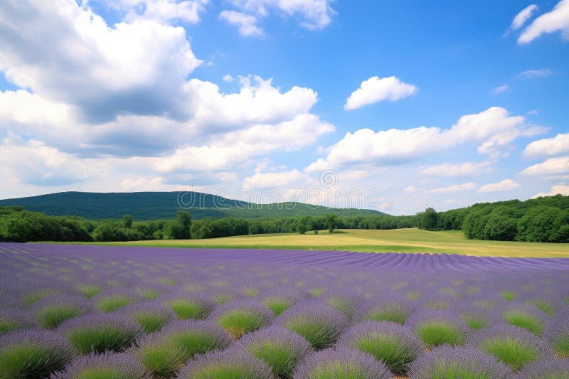 Lavender Field, with View of Rolling Hills and Blue Sky Stock ...