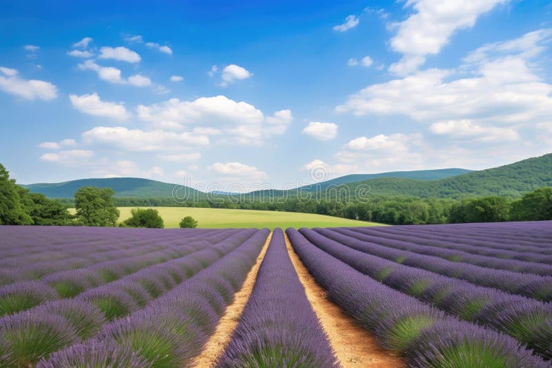 Lavender Field, with View of Rolling Hills and Blue Skies Stock Photo ...