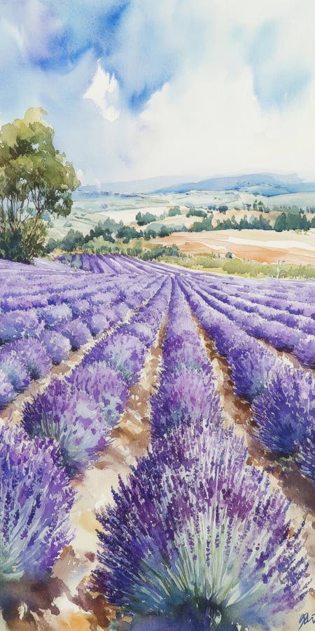 Lavender Field Watercolor Painting Stock Illustration - Illustration of ...
