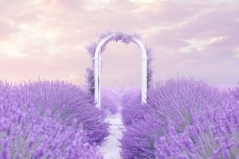 Lavender Field with White Arch Under a Pink Sky at Sunset Stock ...