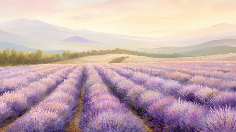 Lavender Fields, Endless Rows of Flowers, Evening Light, Watercolor ...