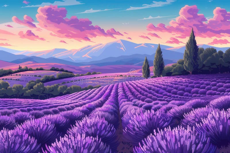 Lavender Fields Flat Design Top View Provence Theme Pixel Art Cartoon Drawing Colored Pastel ...