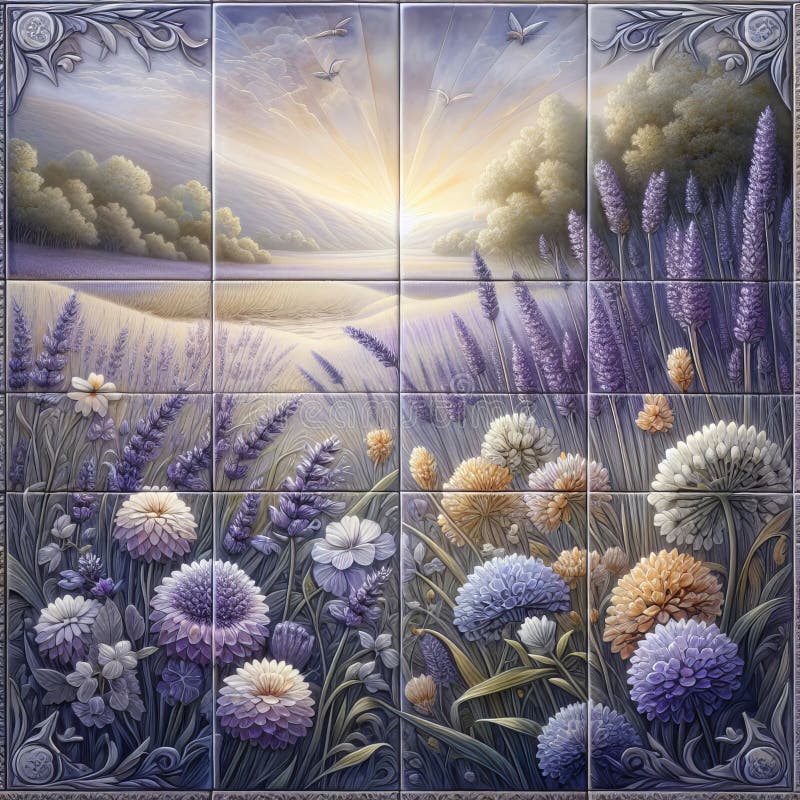 Lavender Fields in Ceramic Tile Stock Illustration - Illustration of ...