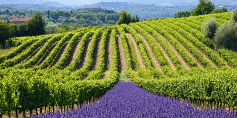 Lavender Fields and Grape Plants Thrive in a Picturesque Countryside ...