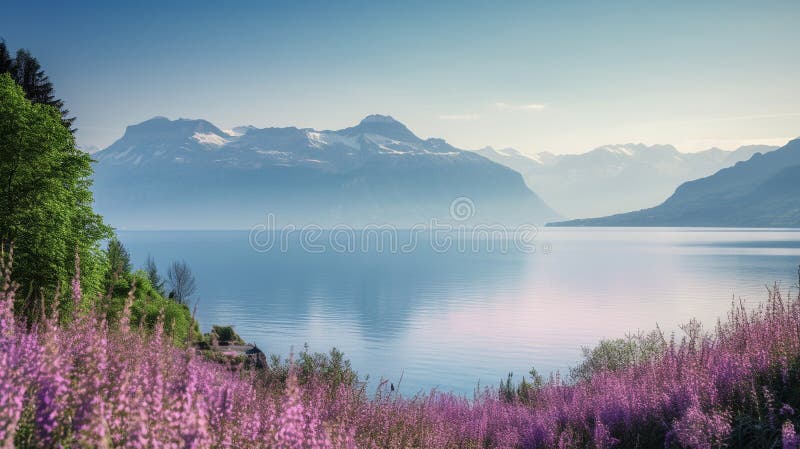 Lavender Fields with Mountains and Lake in the Background. AI Generated Stock Photo - Image of ...