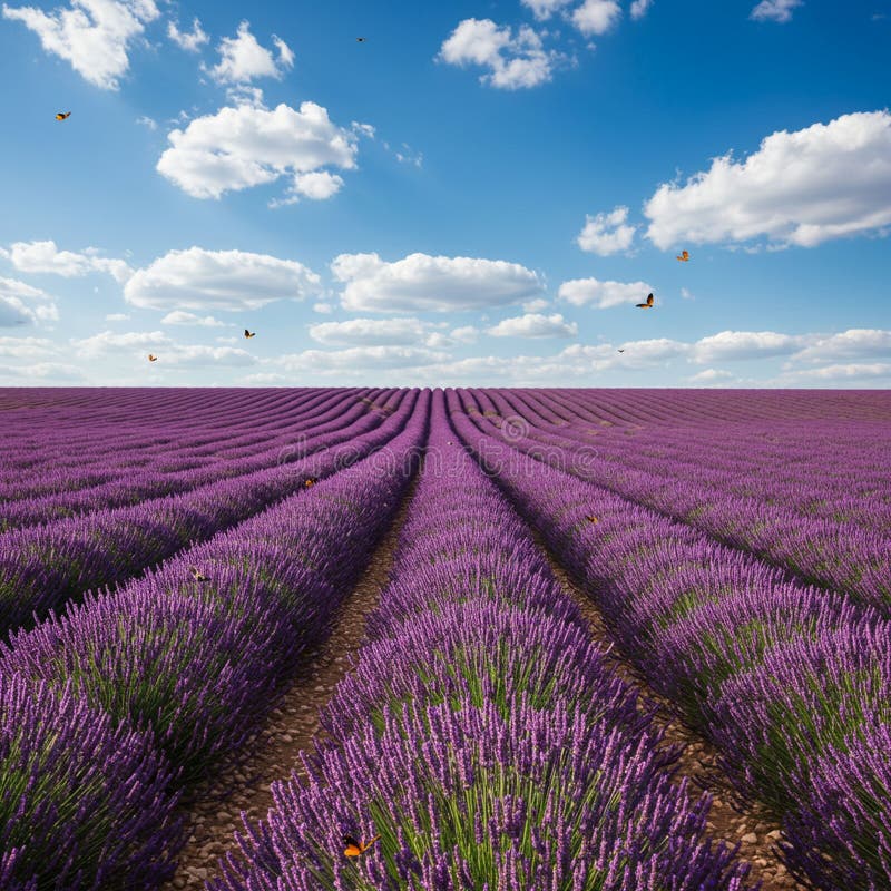Lavender Fields Stretch into the Horizon, Creating Parallel Rows of Vibrant Purple Under Stock ...