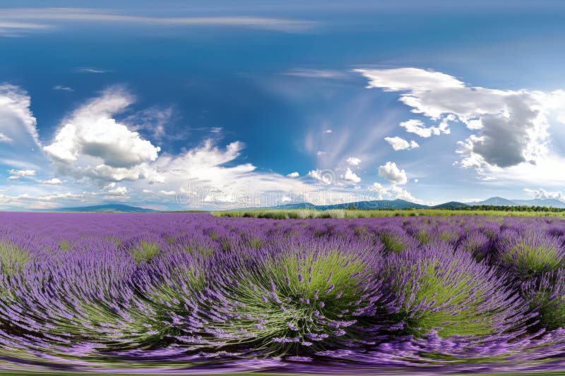 Lavender Fields Full Bloom Under Clear Blue Sky Fluffy Clouds Stock ...