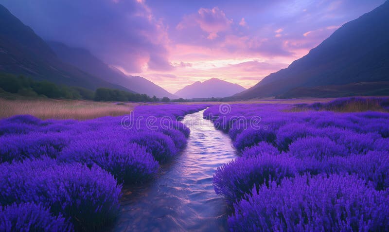 Lavender Fields at Sunset with Flowing Stream and Mountains in ...