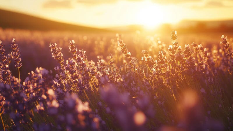 Lavender Fields at Sunset with Soft Light Stock Illustration ...