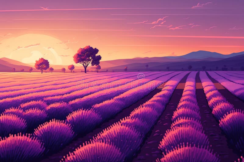 Lavender Flower Blooming Fields in Endless Rows. Sunset Shot Stock ...