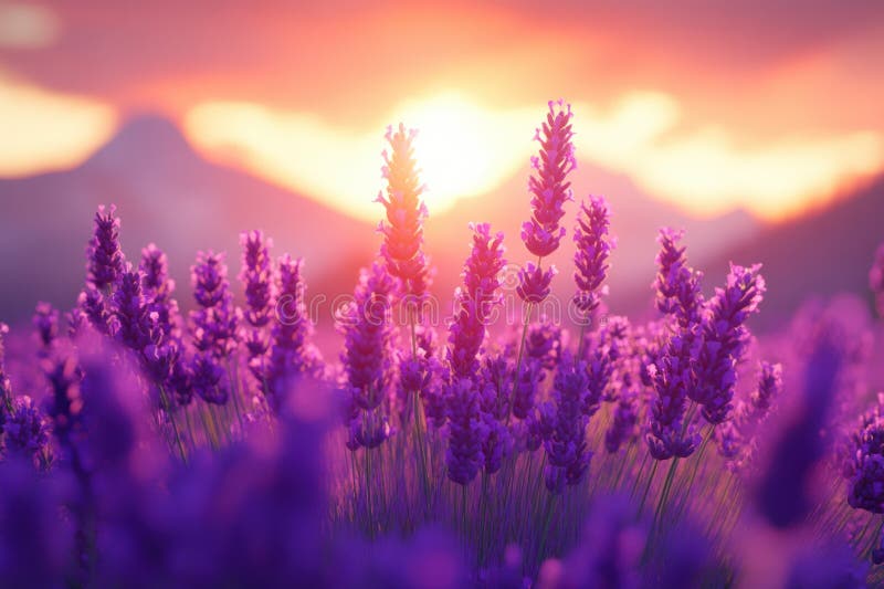 Lavender Flowers Bloom Under a Stunning Sunset in a Serene Field. Stock ...