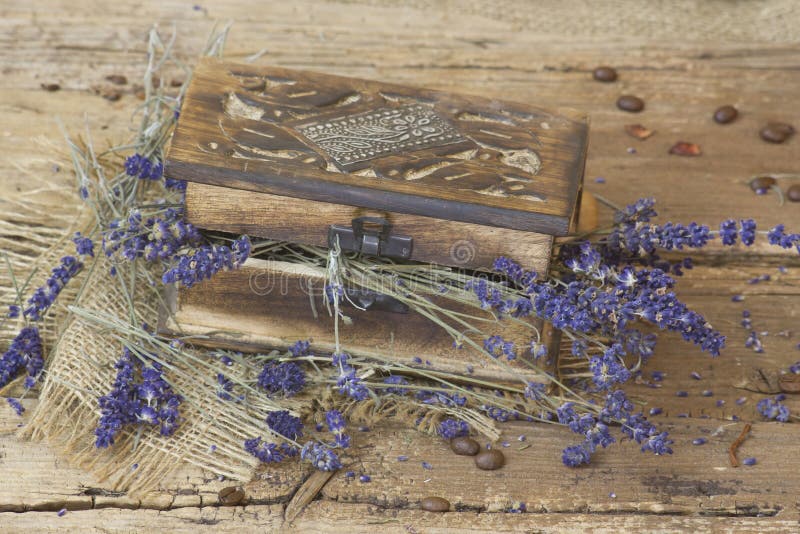 Lavender Flowers in Box on Wooden Background Stock Photo - Image of ...