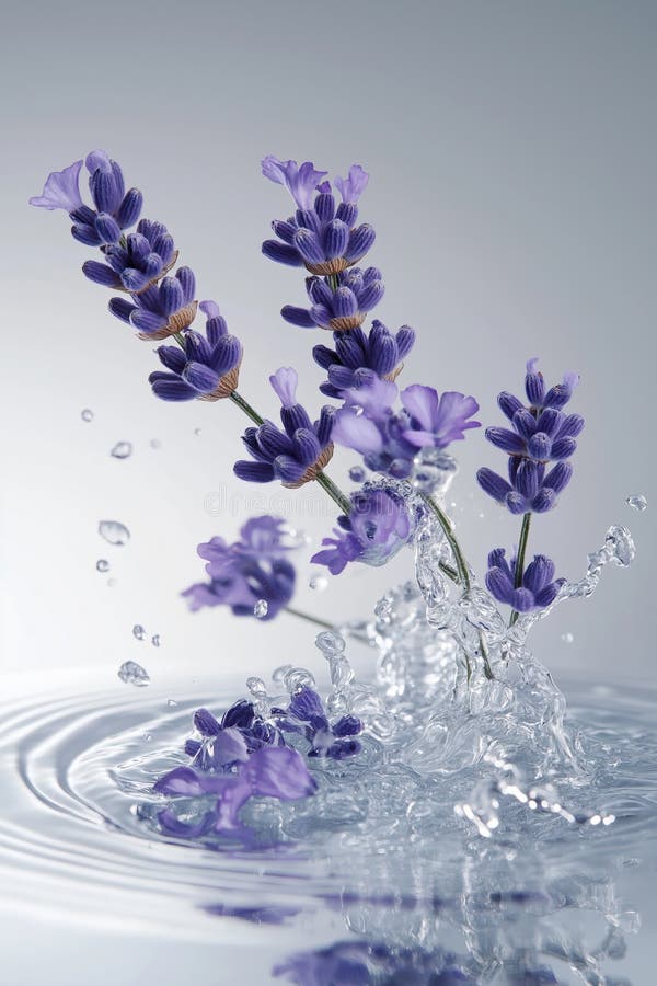 Lavender Flowers Falling into Water with Splashing Droplets Stock ...