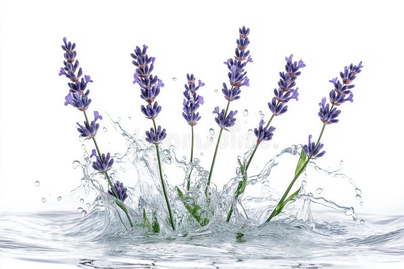 Lavender Flowers Making Splash in Clean Water on White Background Stock ...