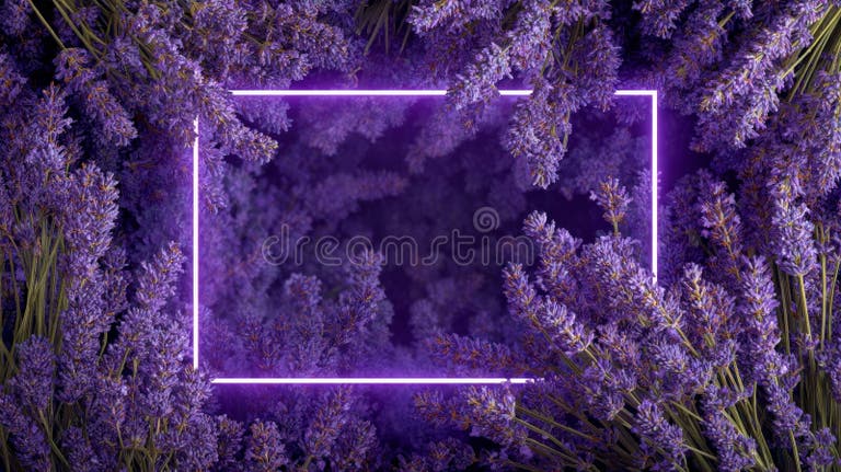 Lavender Flowers Surrounding a Neon Purple Rectangular Frame at Night ...