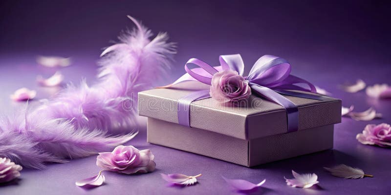 A Lavender Gift Box Adorned with a Bow and Rose, Surrounded by Soft Feathers and Petals ...