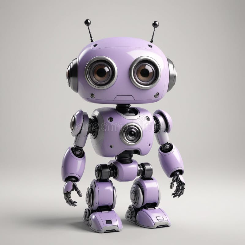 Lavender and Grey Adorable Robot Illustration on White Background Stock ...