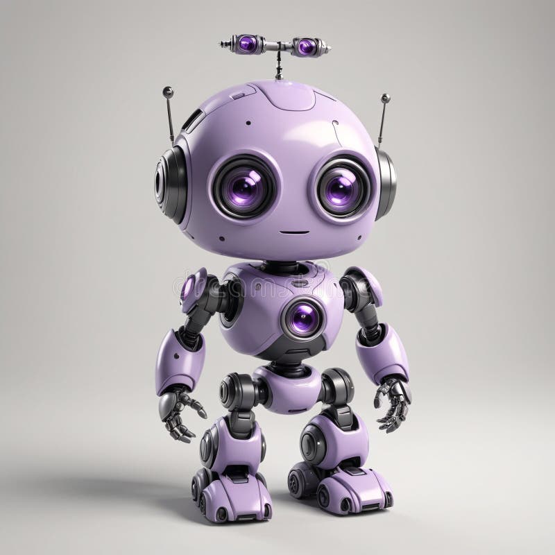 Lavender and Grey Adorable Robot Illustration on White Background Stock ...