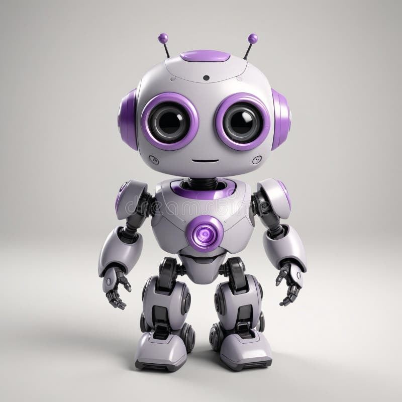 Lavender and Grey Adorable Robot Illustration on White Background Stock ...