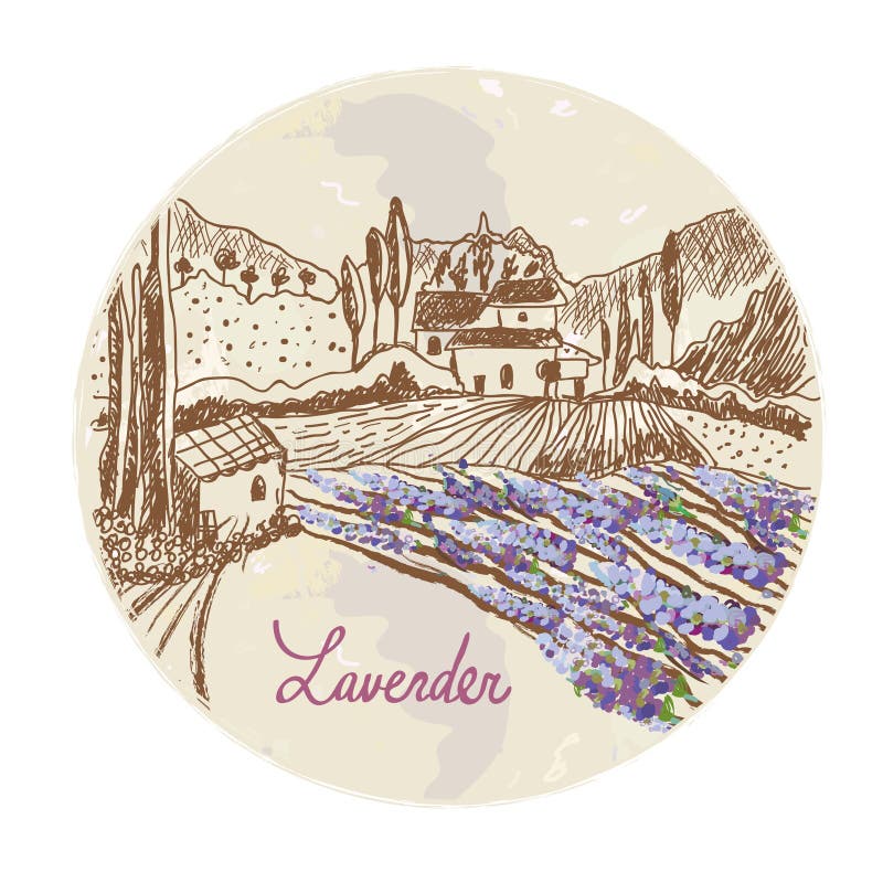 Lavender Label with Skethy Landscape and Flowers Stock Vector ...